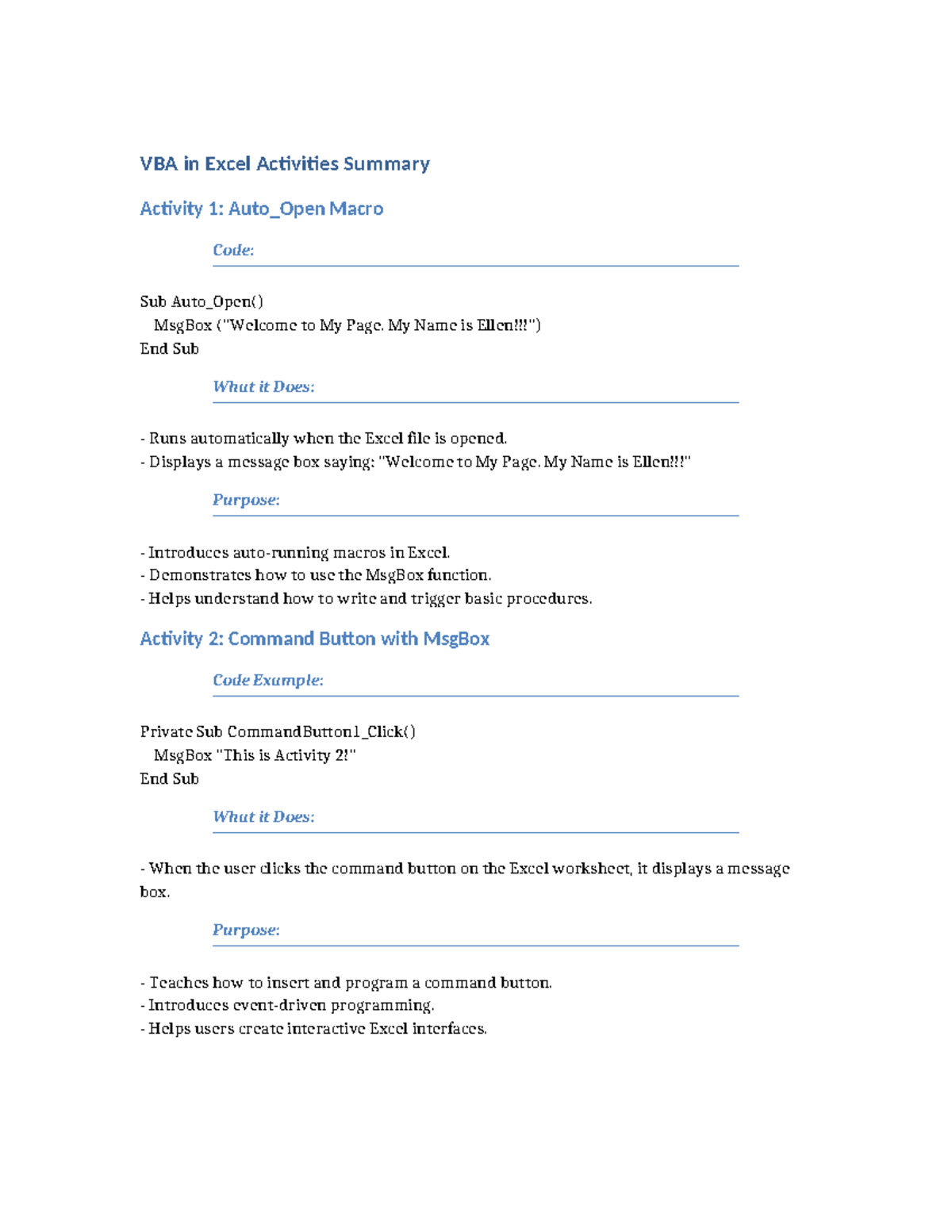 VBA in Excel Activities Summary: Intro to Macros & MsgBox - Studocu