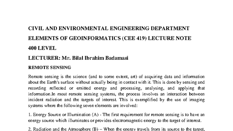 CEE 419 Lecture Note: Fundamentals of Remote Sensing and GIS - Studocu