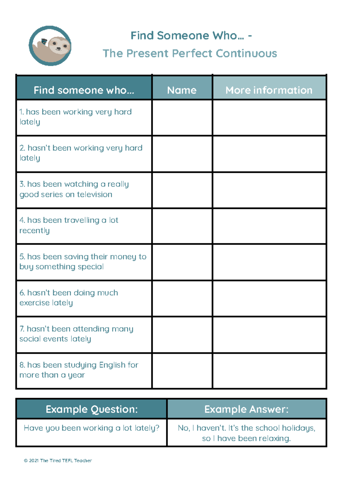 ESL The Present Perfect Continuous: Find Someone Who Worksheet - Studocu
