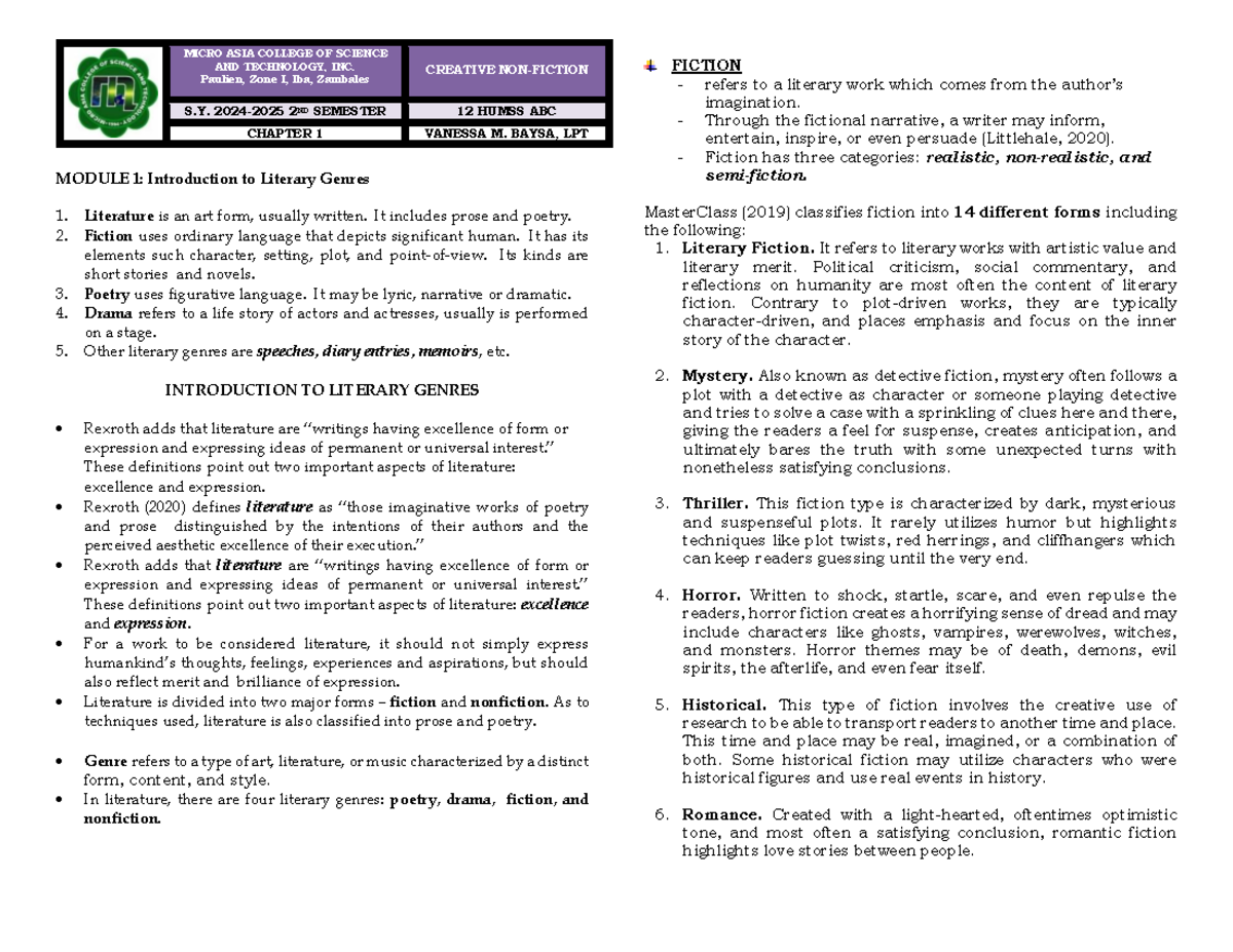 CNF-Q3-CH1: Introduction to Literary Genres - G12 2nd Sem Notes - Studocu