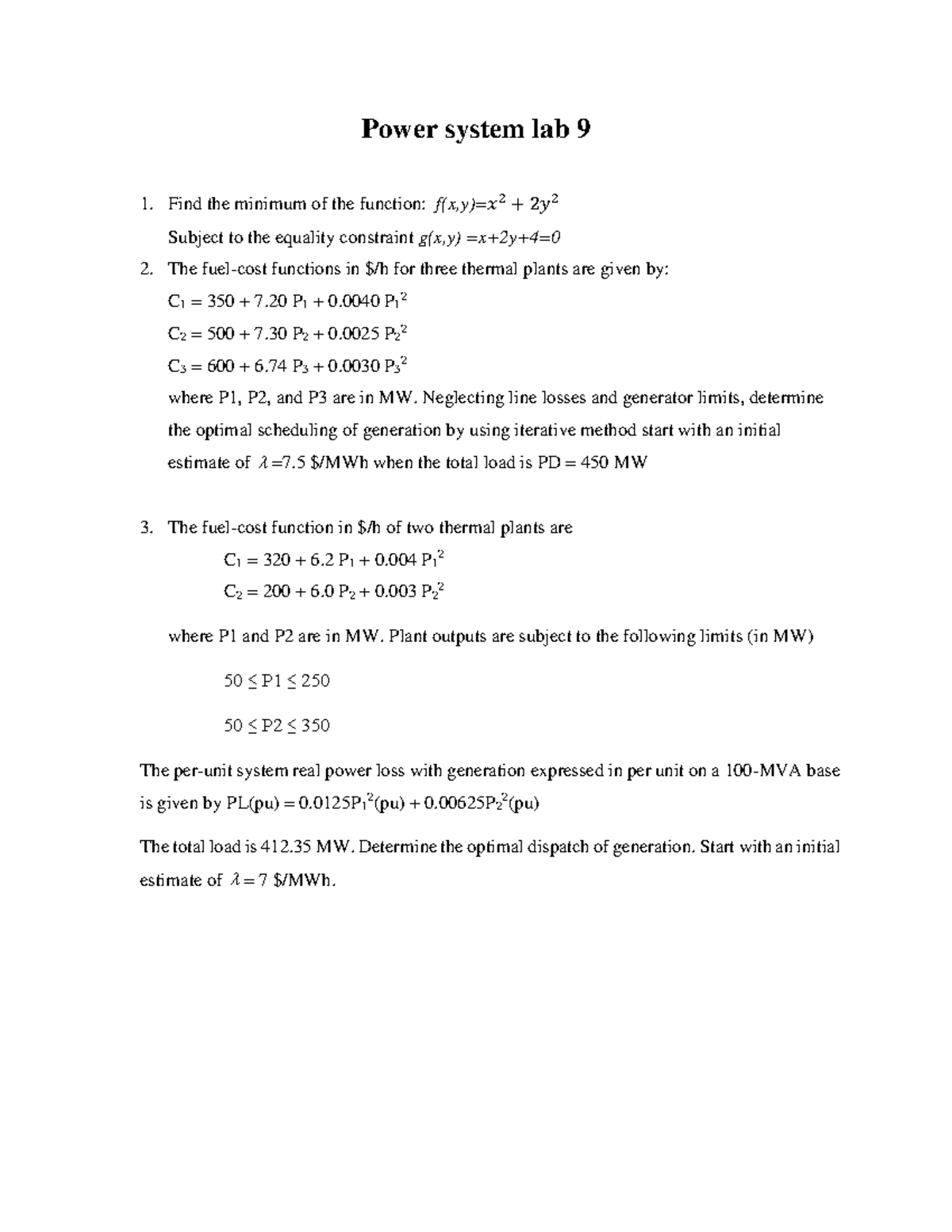 Power System Lab 9: Optimal Generation Scheduling & Cost Analysis - Studocu