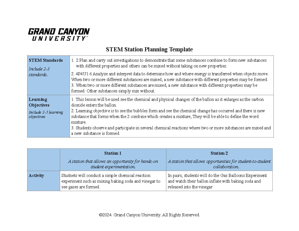 ELM-463-RS-T5: STEM Station Planning Template for Chemical Reactions - Studocu