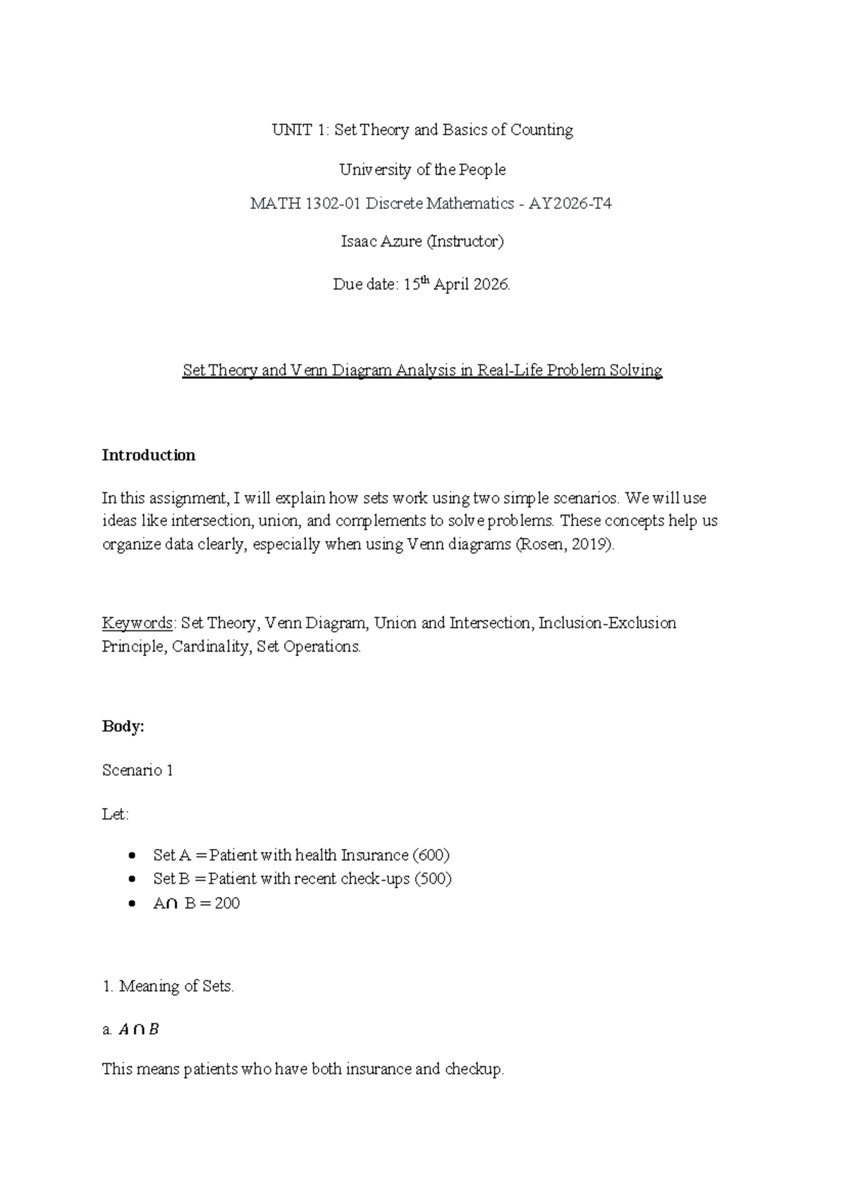 MATH 1302-01 Discrete Mathematics: Set Theory & Venn Diagrams Analysis ...