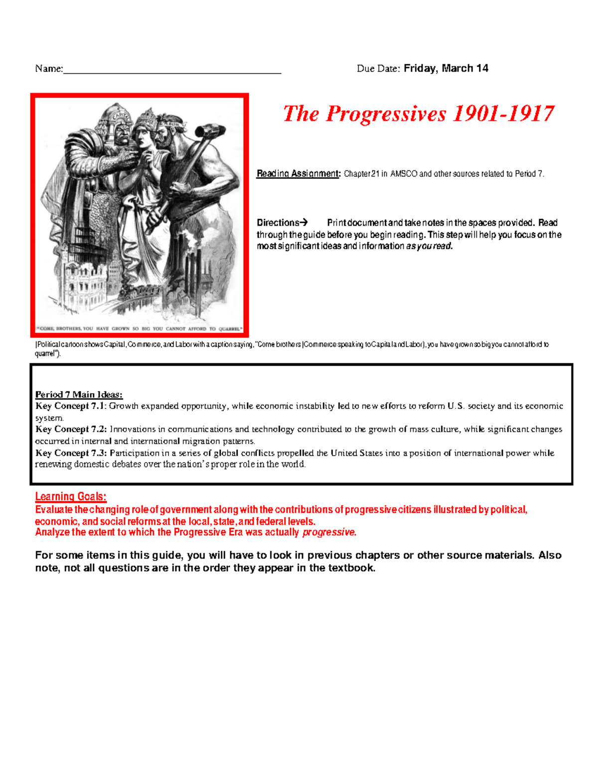 AMSCO APUSH Chapter 21 Reading Assignment: The Progressive Era Analysis ...