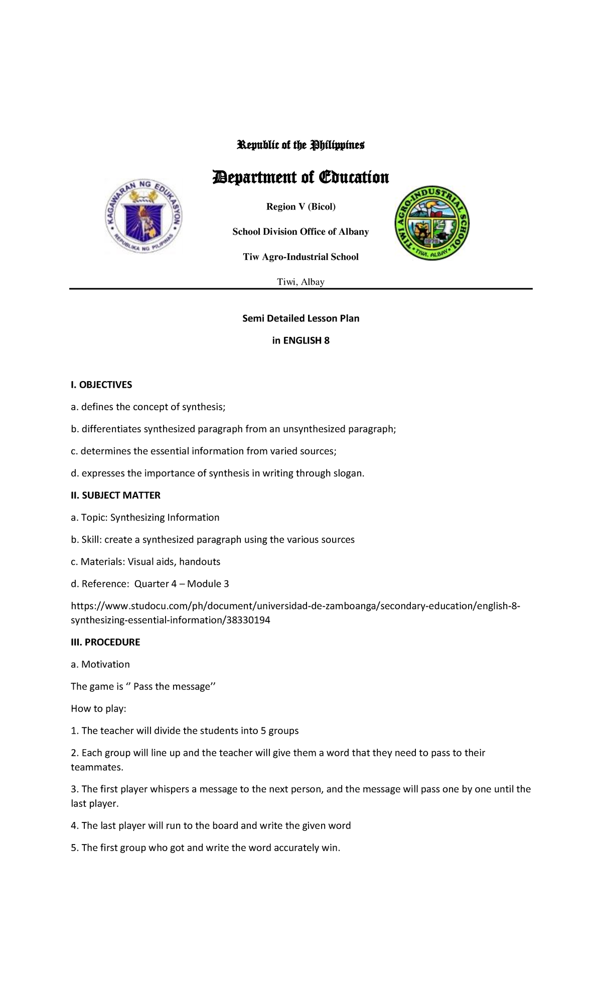 Semi-Detailed Lesson Plan: Synthesizing Information in ENGLISH 8 - Studocu