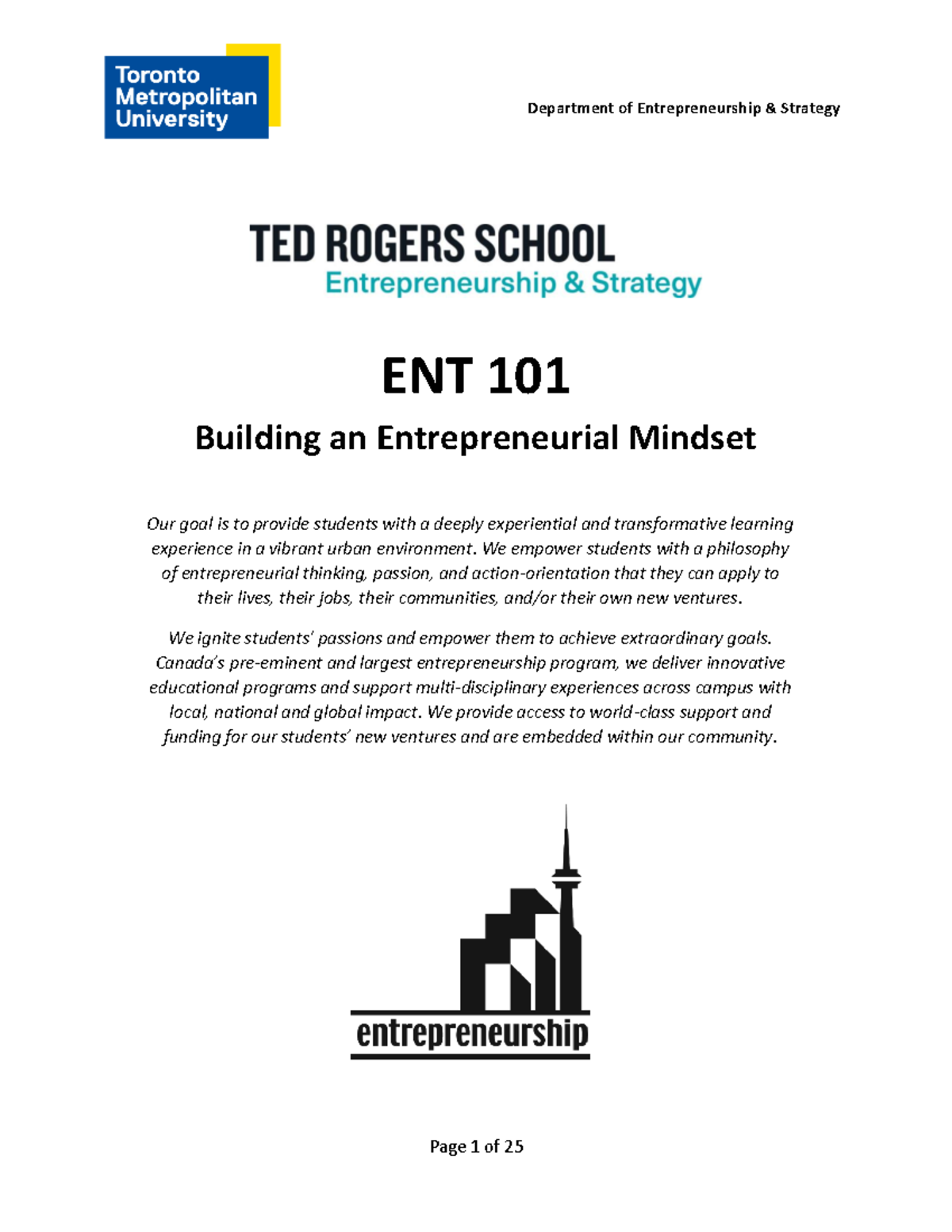 ENT 101 - Course Outline on Building an Entrepreneurial Mindset (Fall ...