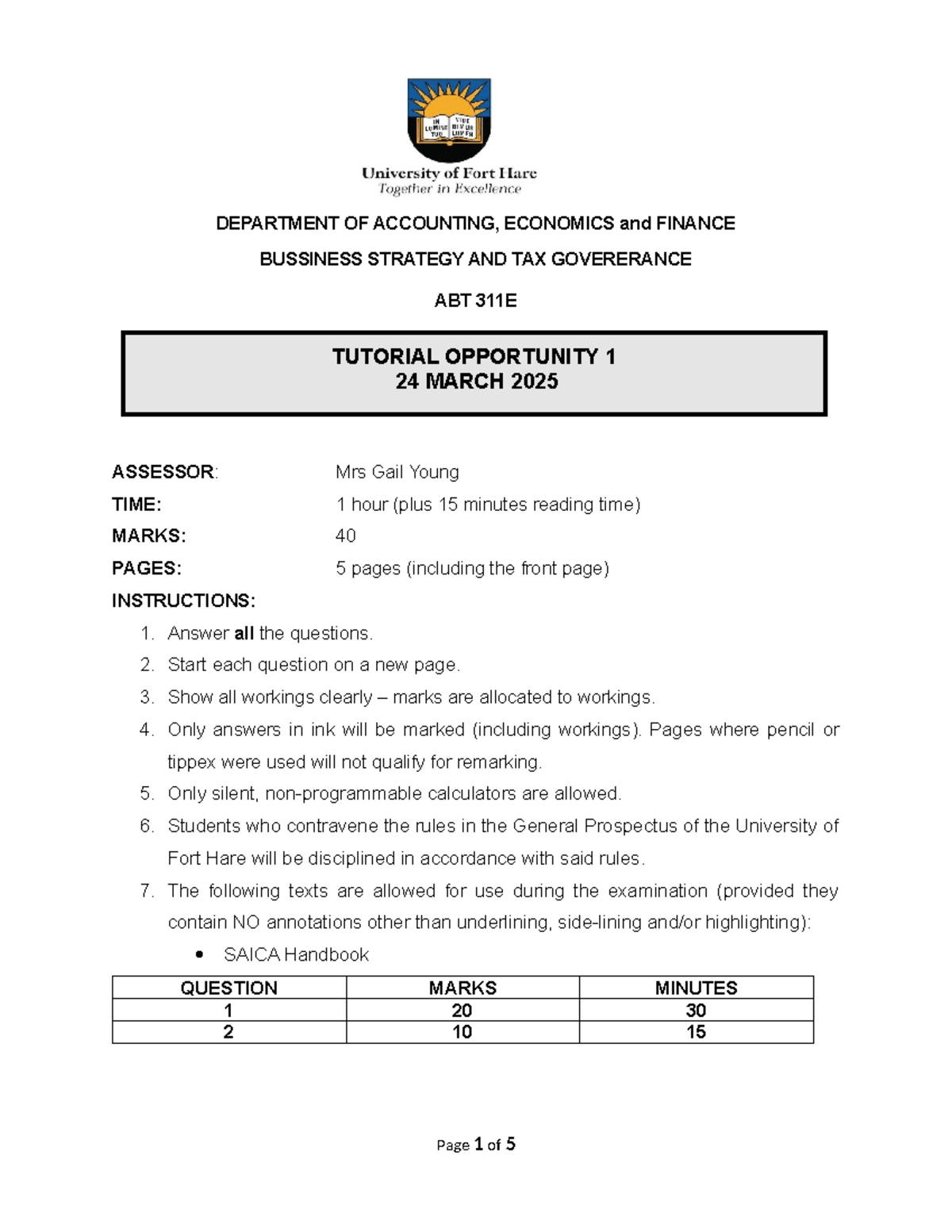 ABT 311E Business Strategy & Tax Governance Tutorial Test 1 - Studocu