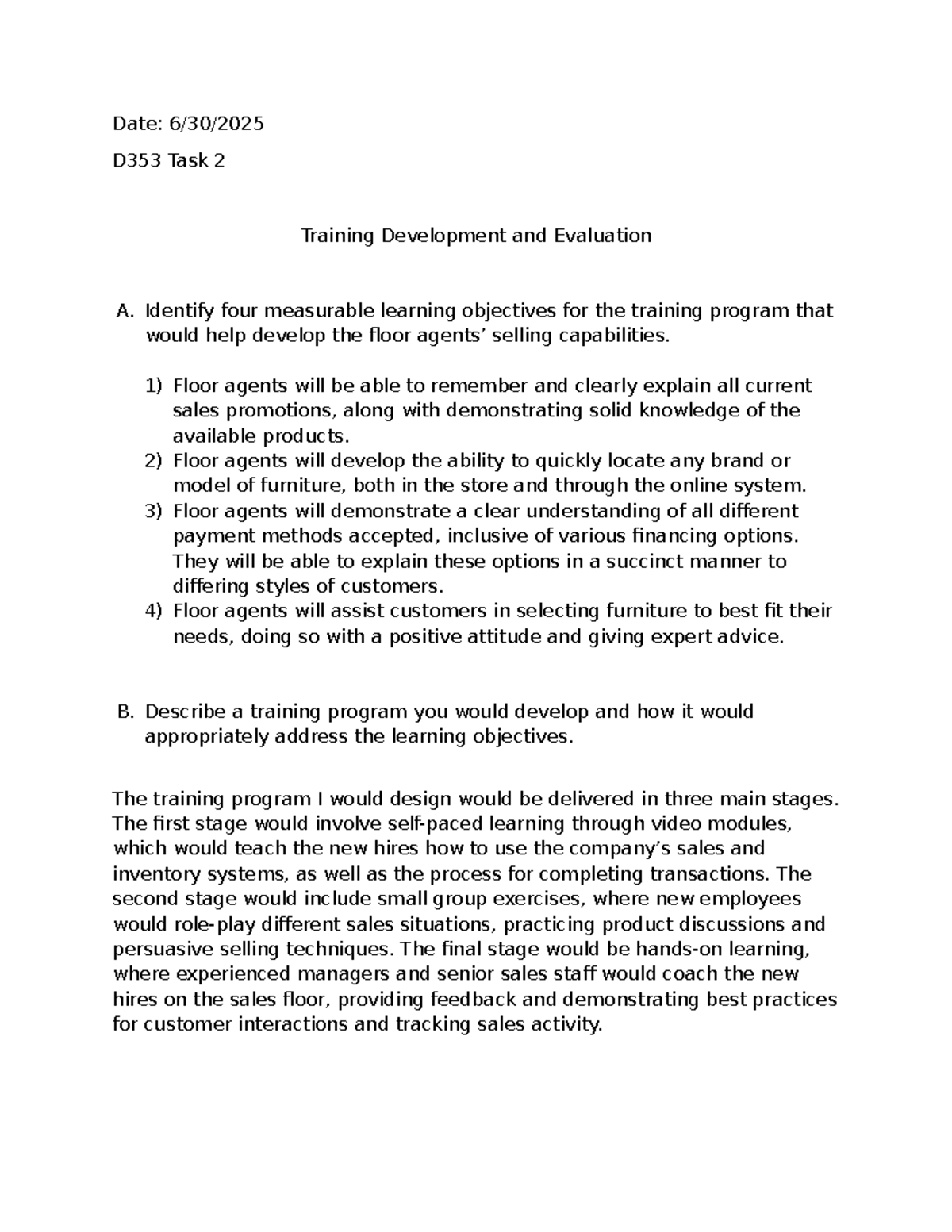 D353 Task 2: Training Development & Evaluation for Floor Agents - Studocu