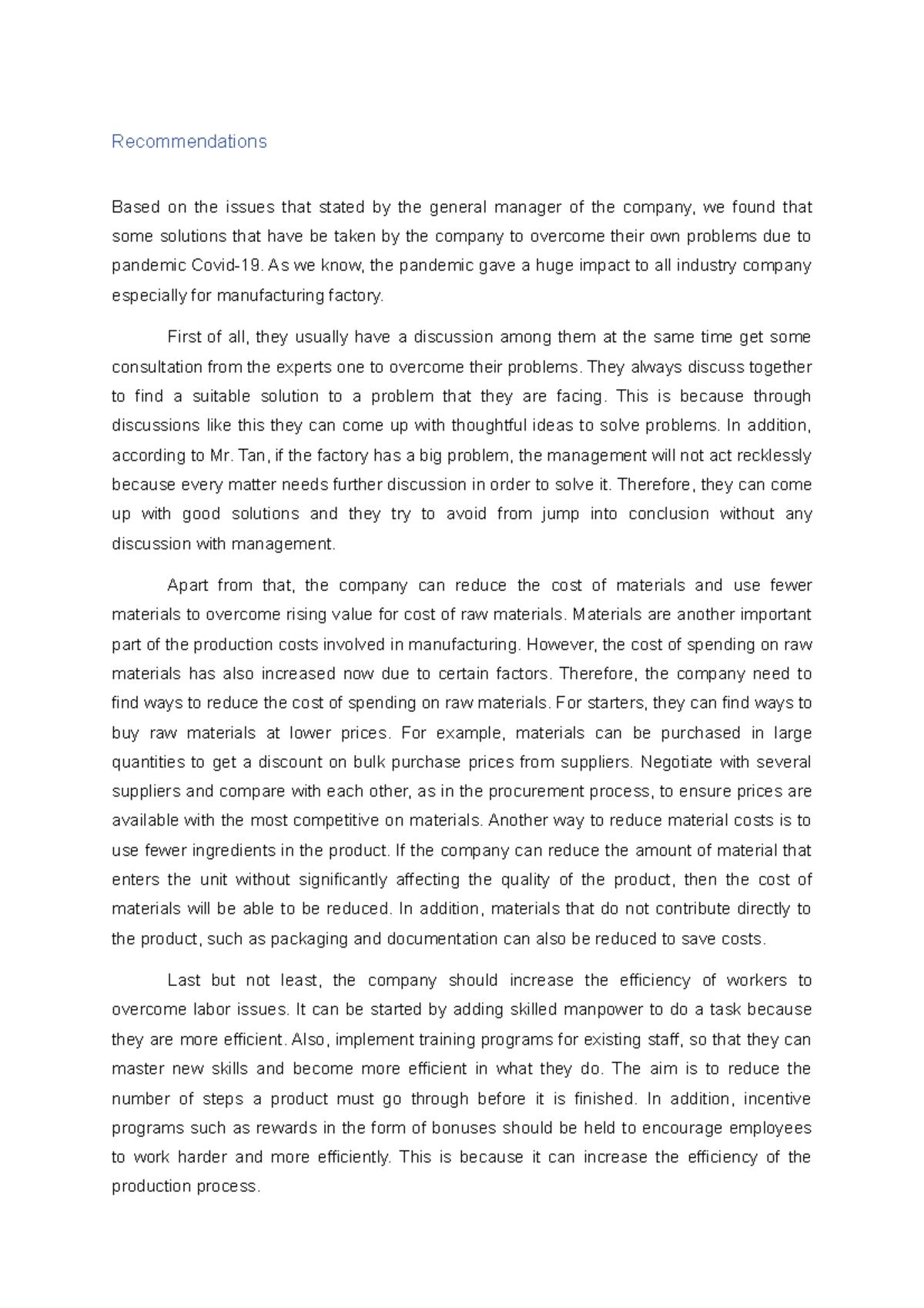 Recommendations of how to overcome organization problems ...