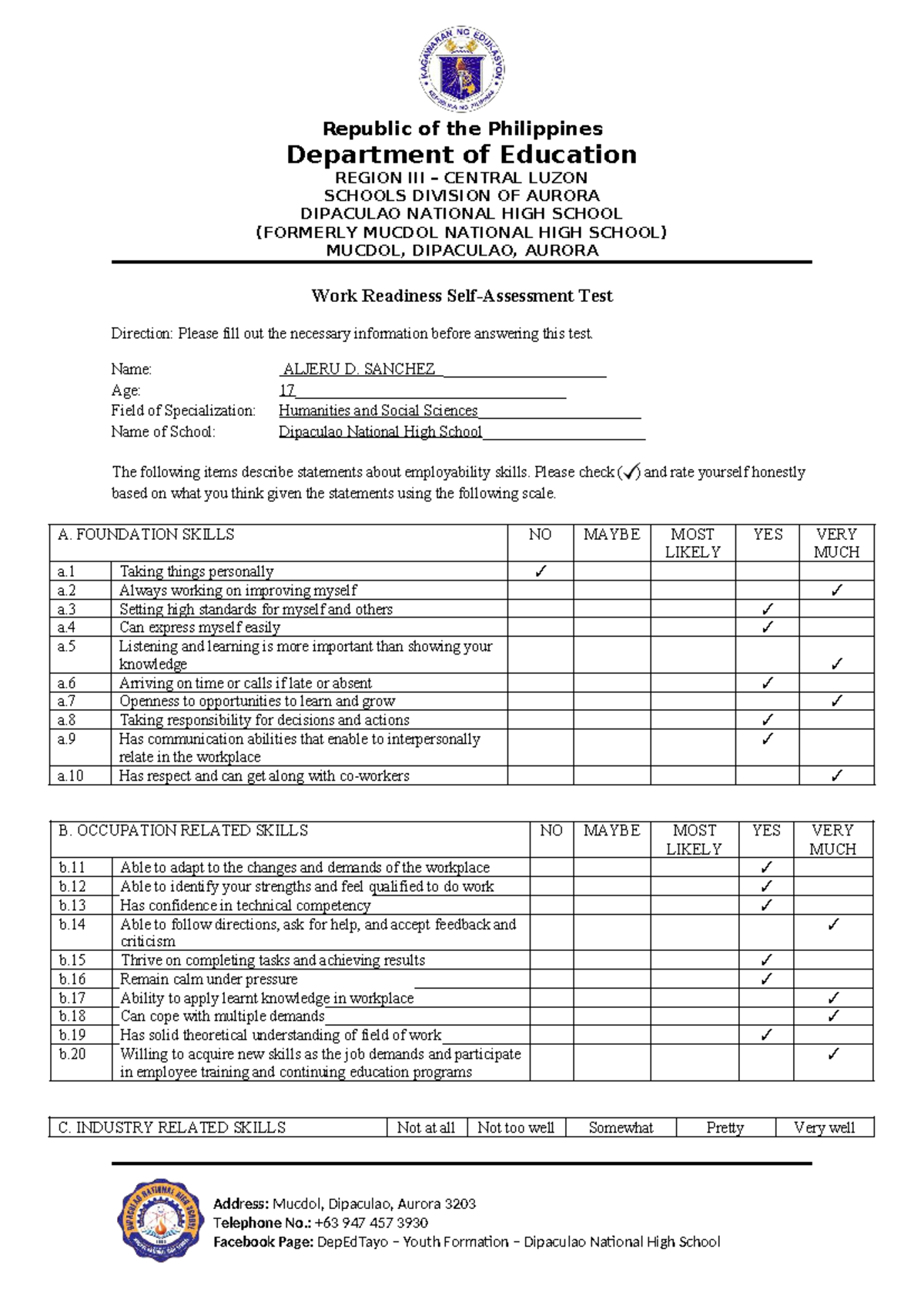 Work Readiness Self-Assessment Test for Humanities - Aljeru D. Sanchez ...