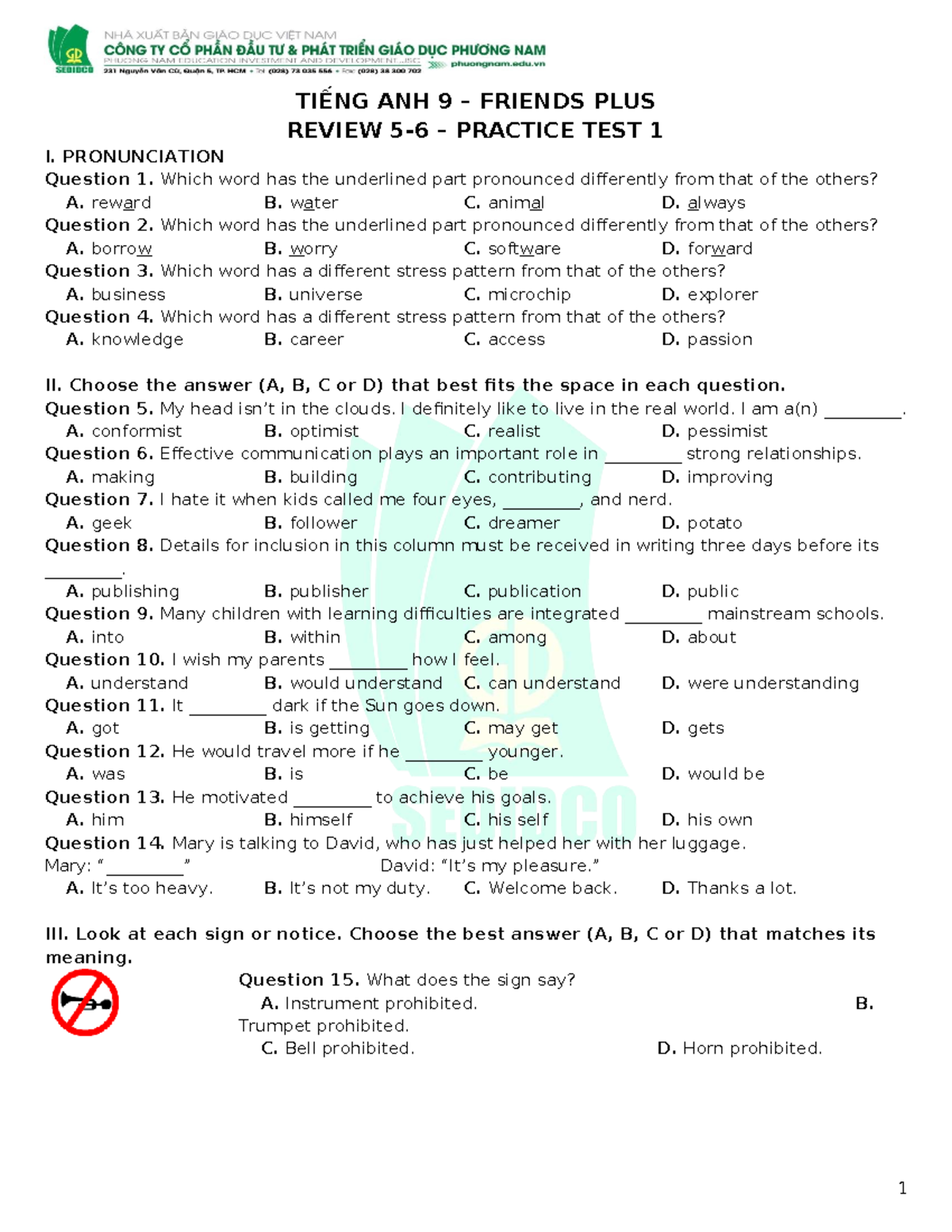 TIẾNG ANH 9 FRIENDS PLUS REVIEW PRACTICE TEST 1 (REVISED) - Studocu