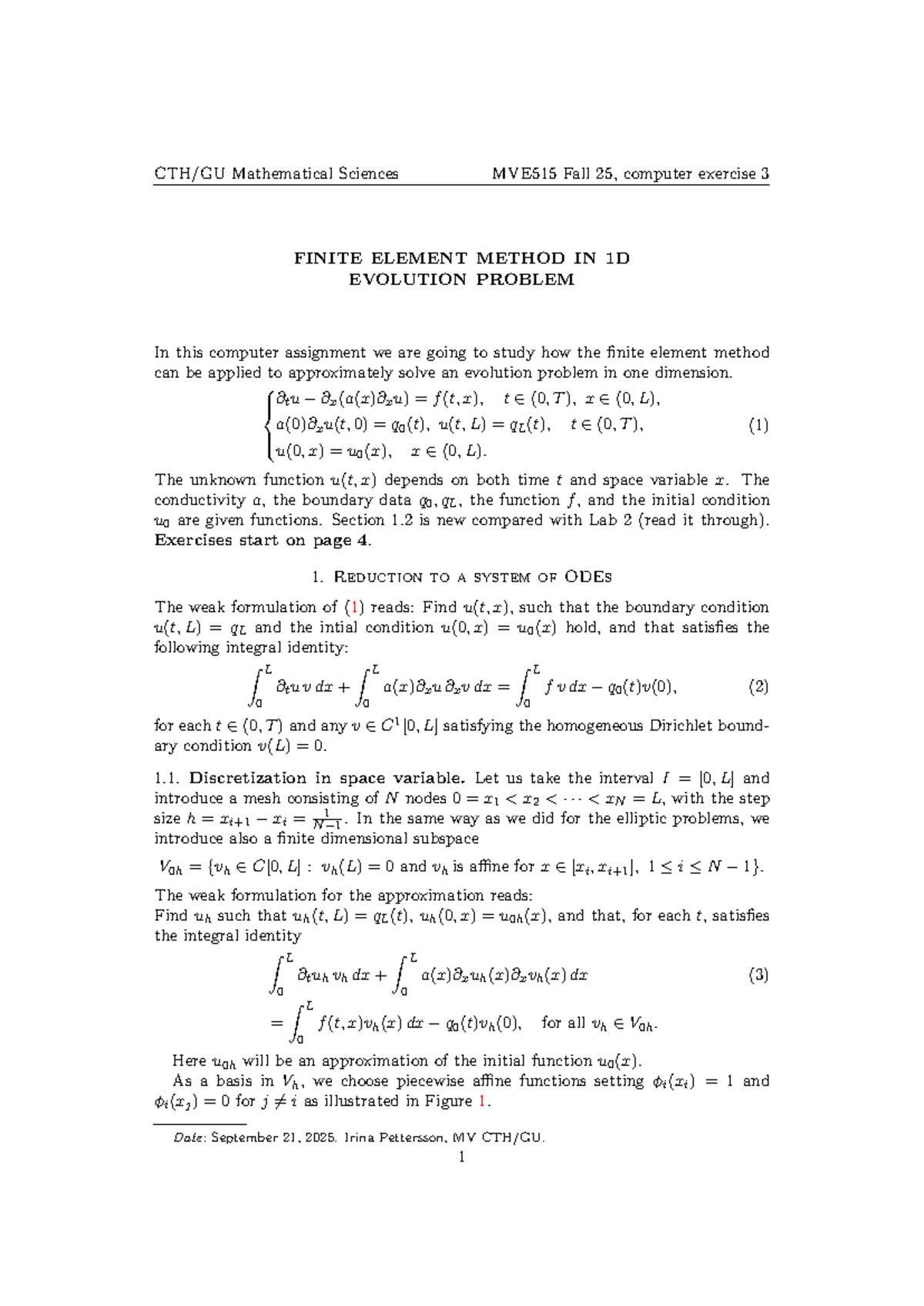 MVE515 Fall 25 - Lab 3: Finite Element Method in 1D Evolution Problem ...