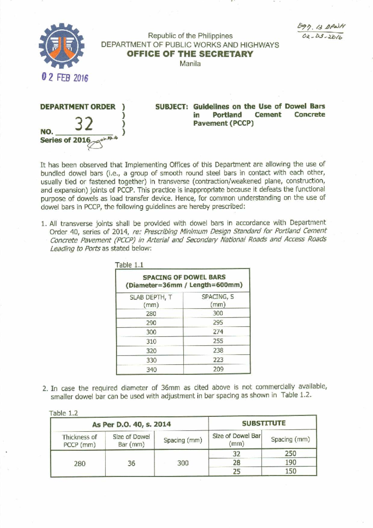 Guidelines on Dowel Bars in PCCP - DO 032 s2016 - Studocu