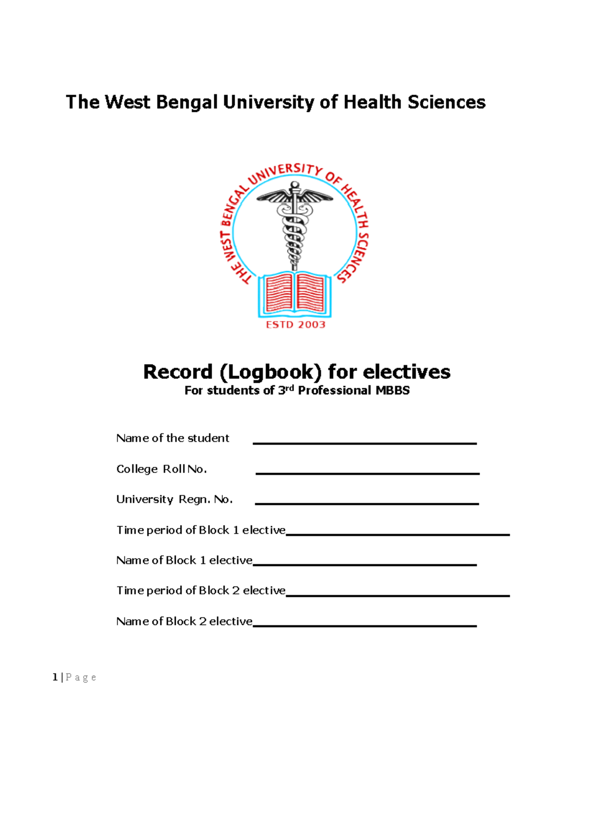 Record Logbook for MBBS 3rd Prof Electives - Block 1 & 2 - Studocu