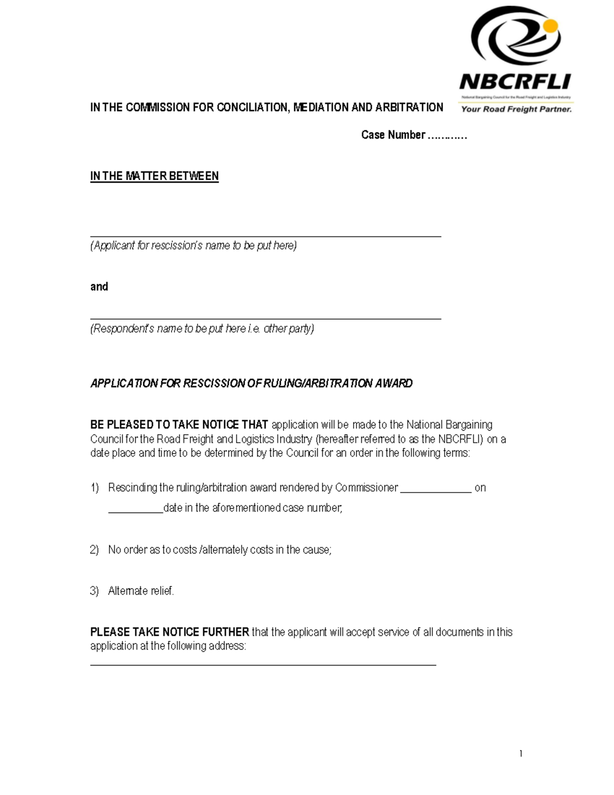 Application for Rescission of Arbitration Award - Template with POPIA ...