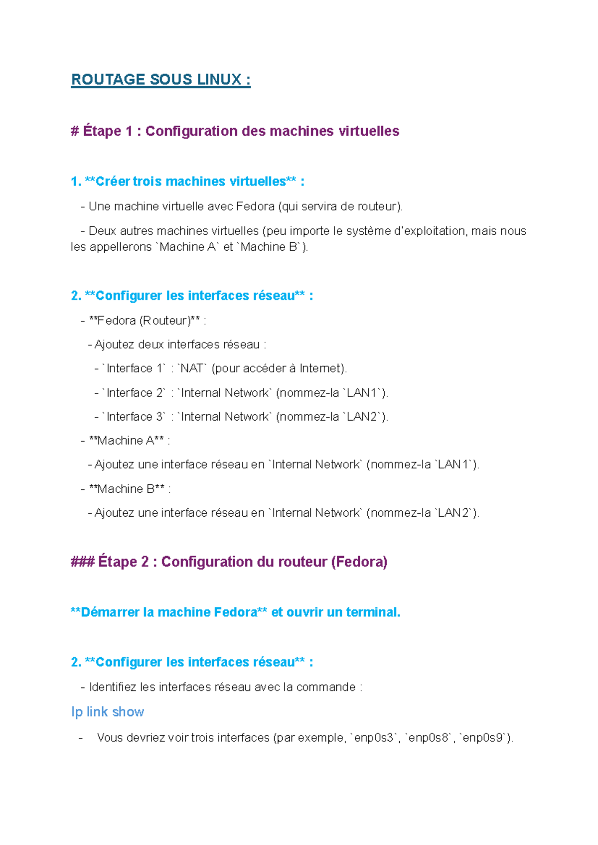ROUTAGE SOUS LINUX : Configuration des Machines Virtuelles et Tests ...