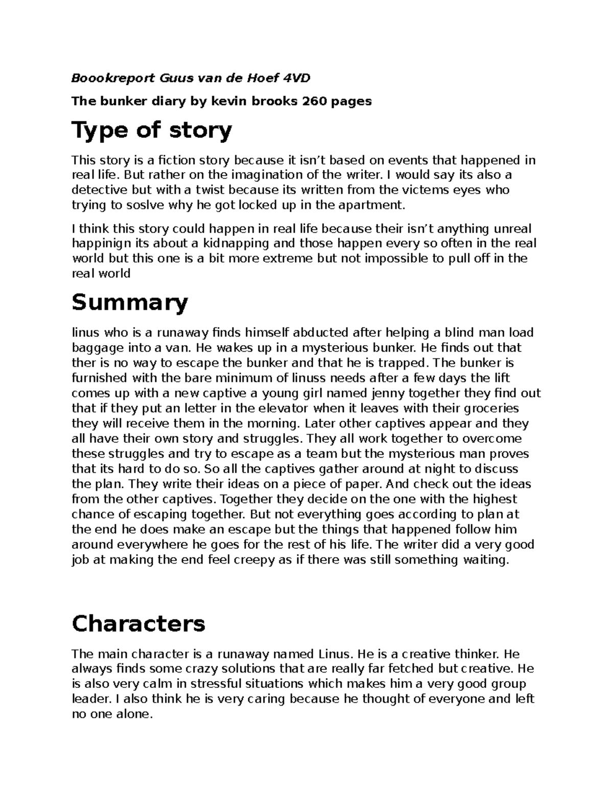 Book Report on "The Bunker Diary" by Kevin Brooks - 4VD - Studeersnel
