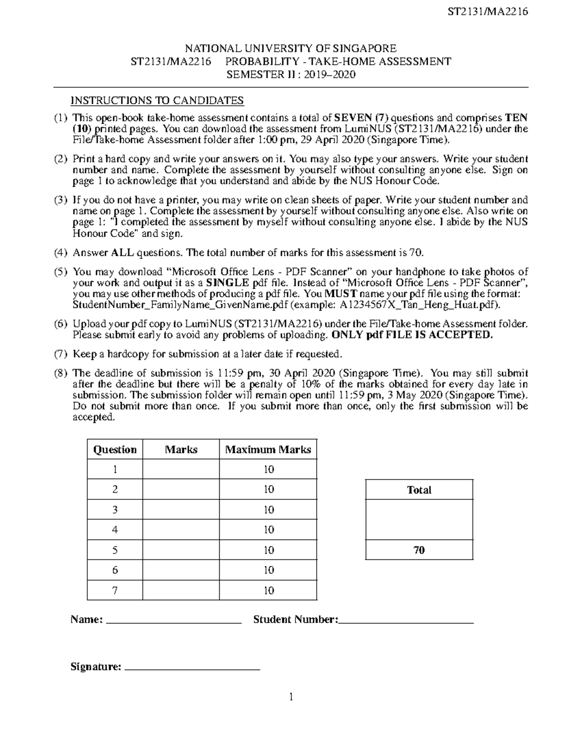 NUS ST2131 Probability Assessment Semester II: Instructions ...