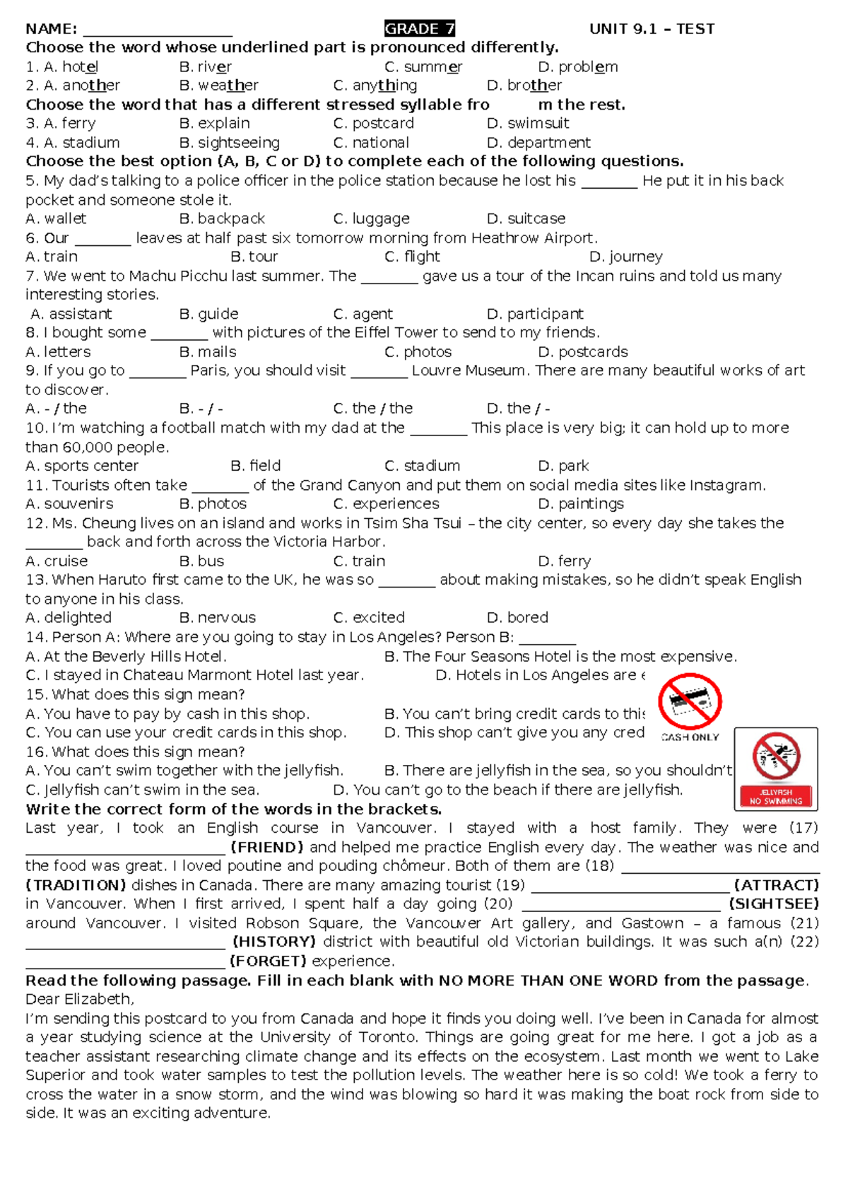 Grade 7- unit 9.1 -TEST - NAME: _____________________ GRADE 7 UNIT 9 ...