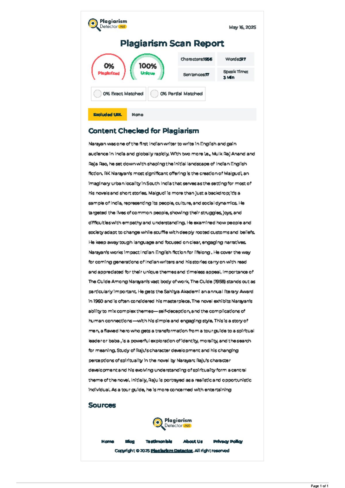 Plagiarism Scan Report: RK Narayan's "The Guide" Analysis - Studocu