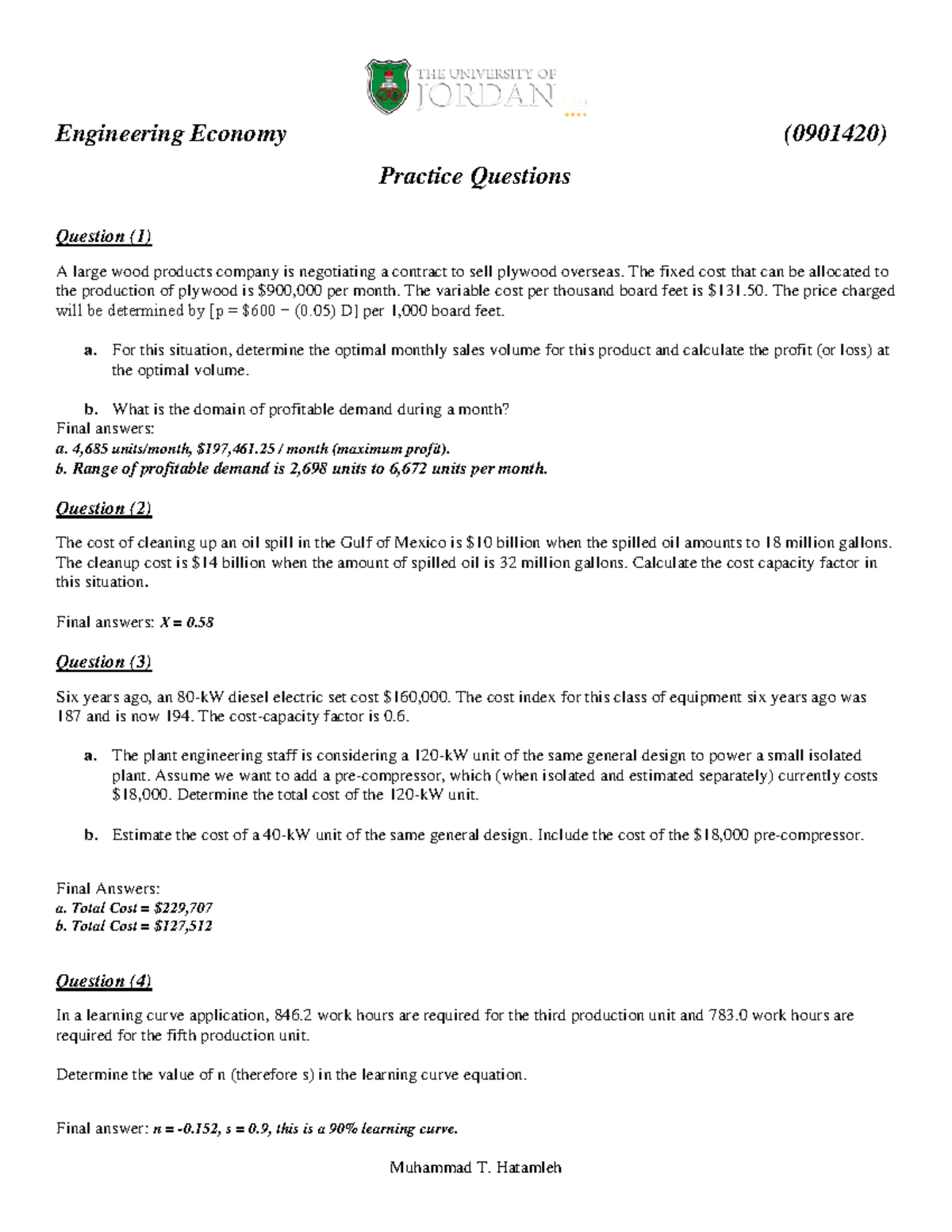 Engineering Economy Practice Questions - Engineering Economy (0901420 ...