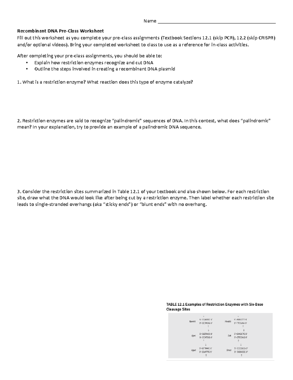 Week 8b Recombinant DNA Worksheet - Name ...