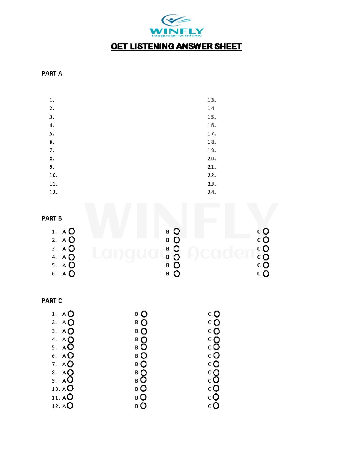 OET - Listening Answer Sheet PDF - OET LISTENING ANSWER SHEET PART A 1 ...