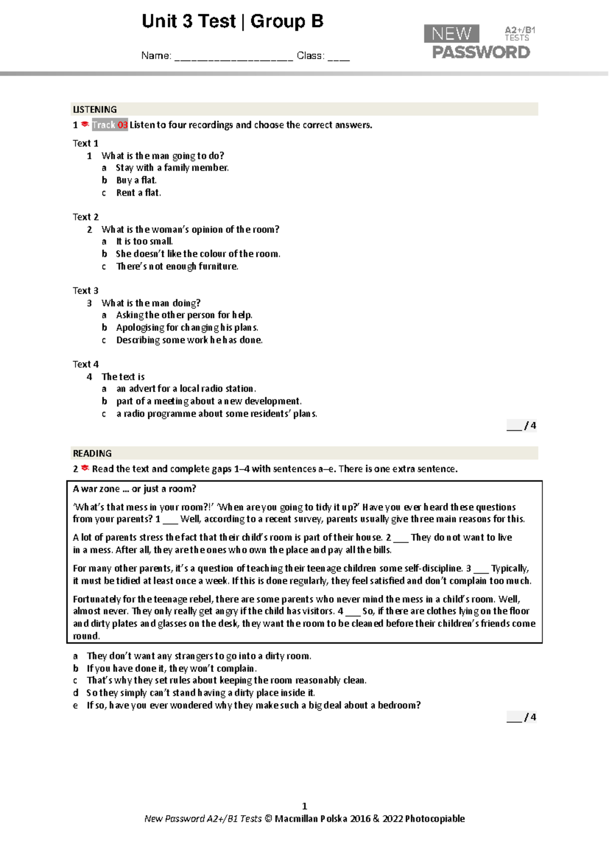 New Password A2/B1 Unit 3 Test - Group B Assessment Document - Studocu