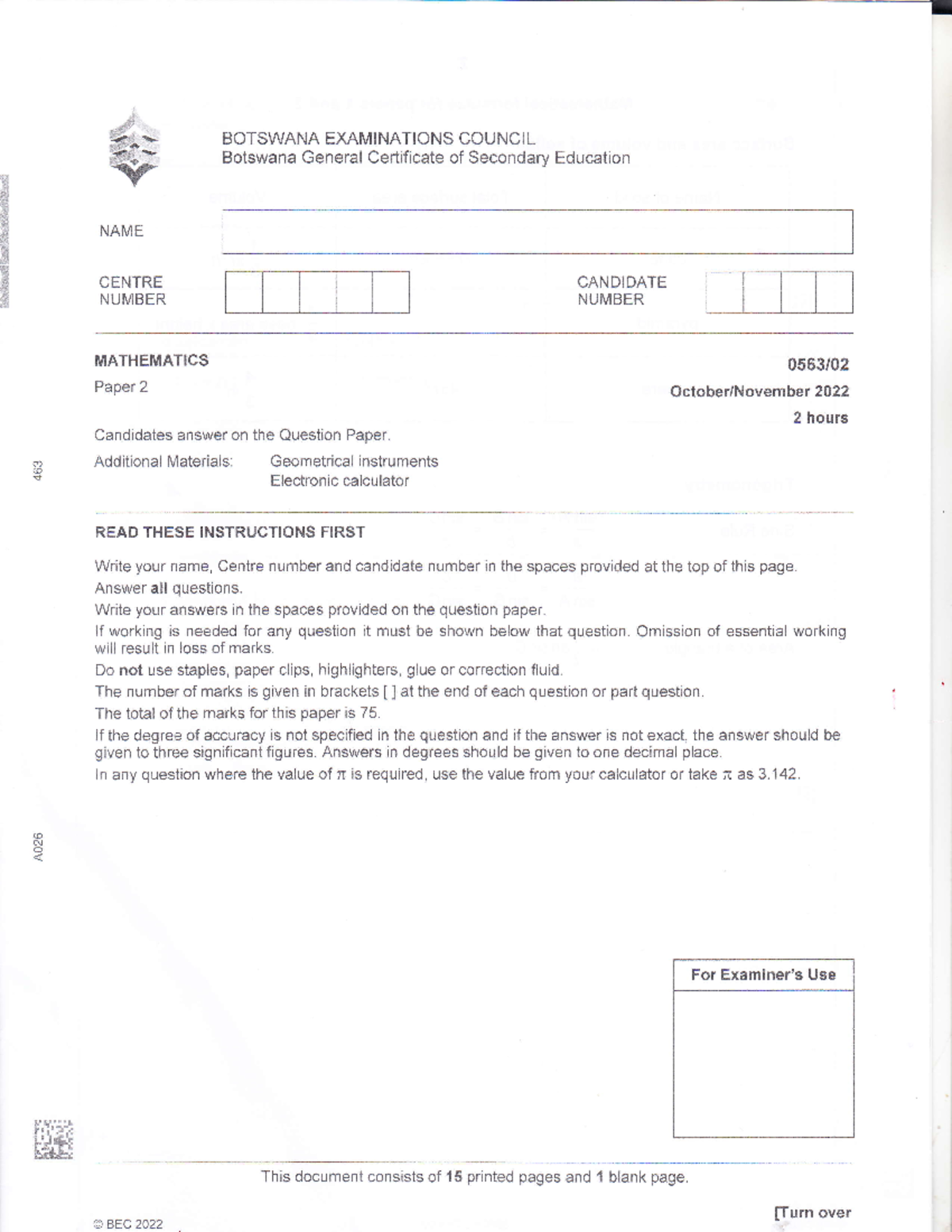 721205863 BGCSE Mathematics Paper 2 Past Paper 2022 - Studocu