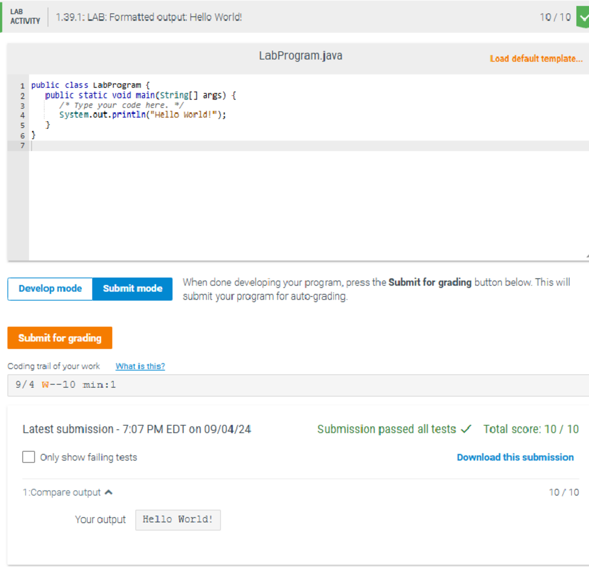 LAB ACTIVITY 1.39: Formatted Output for Hello World Program - Studocu