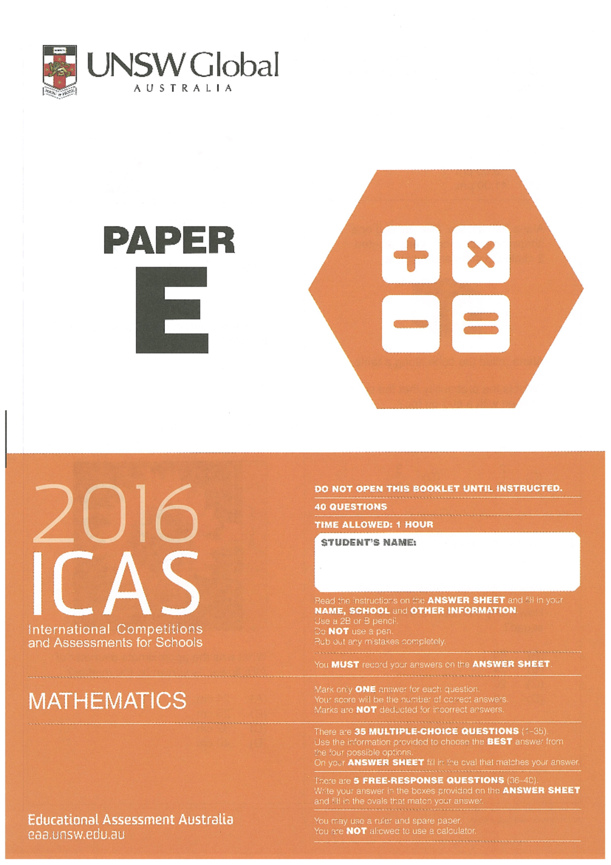 E Maths 2016 - ICAS Math Exam Guide for Year 7/8 Students - Studocu