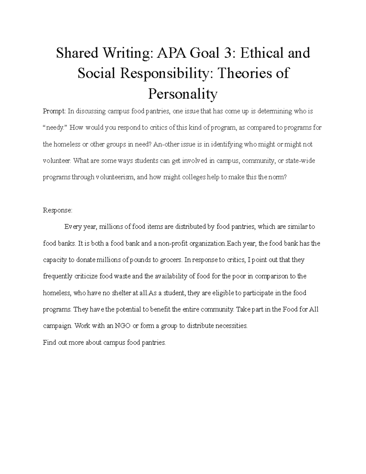 Shared Writing: APA Goal 3 on Ethical Responsibility in Food Pantries ...