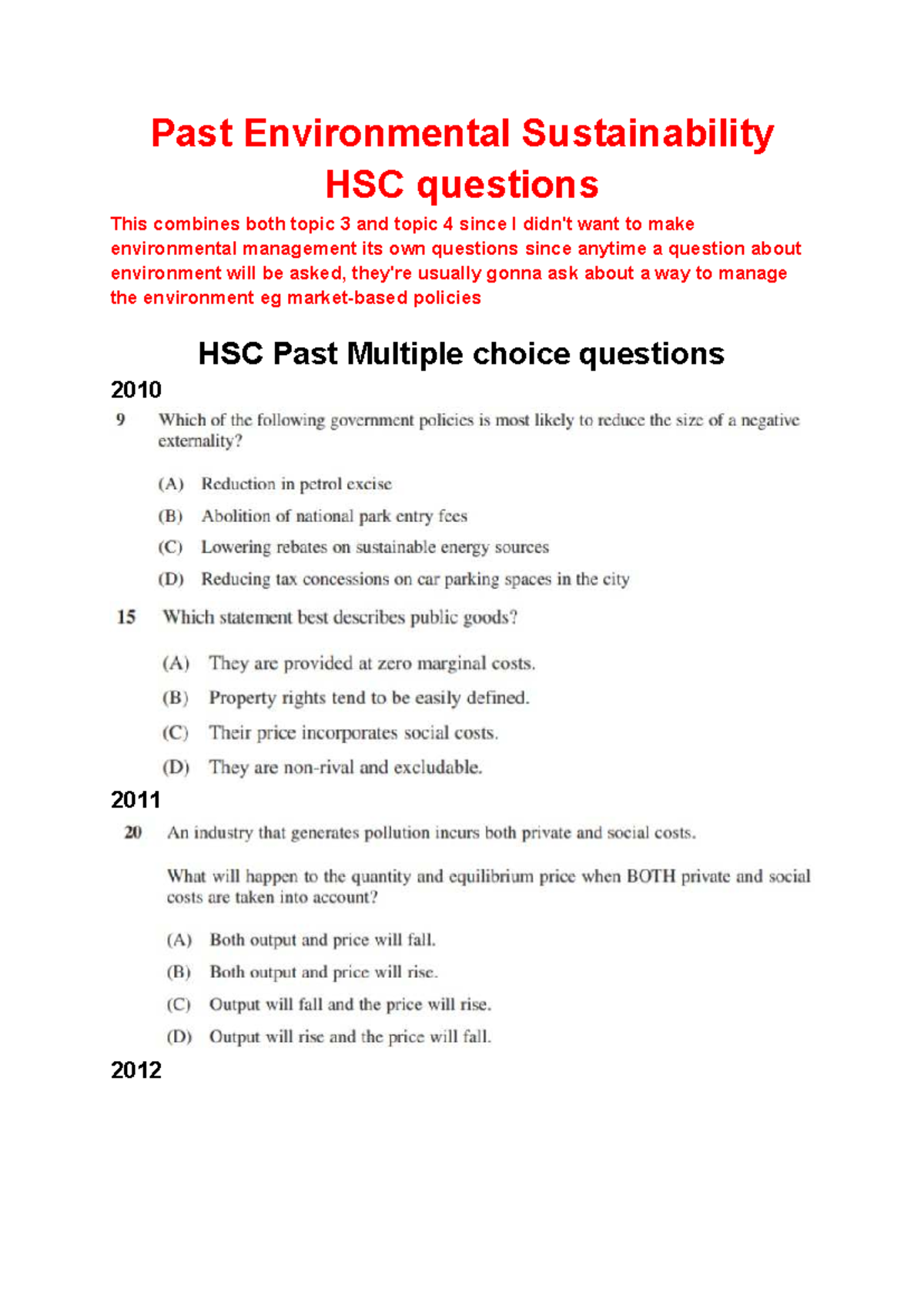 Past Environmental Sustainability Questions - HSC Economics - Studocu