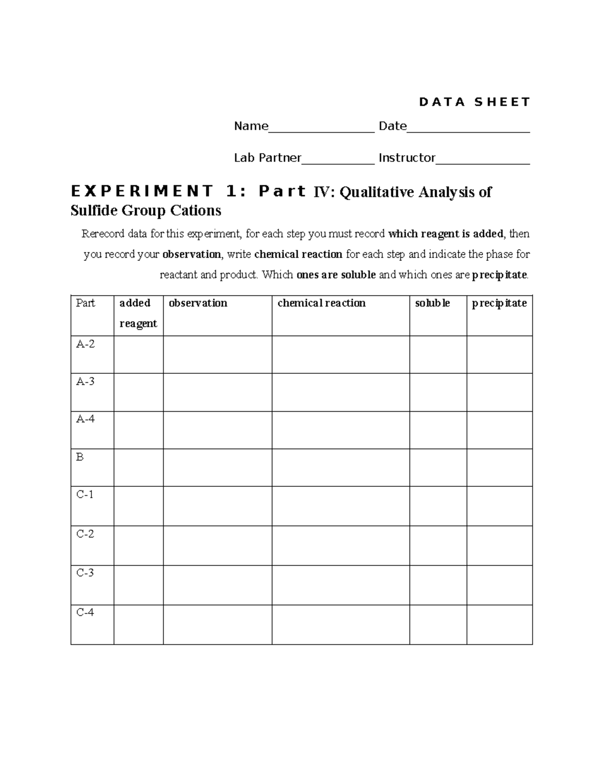 CHM1046 L: Lab Exp 1 Part IV - Qualitative Analysis Data Sheet - Studocu