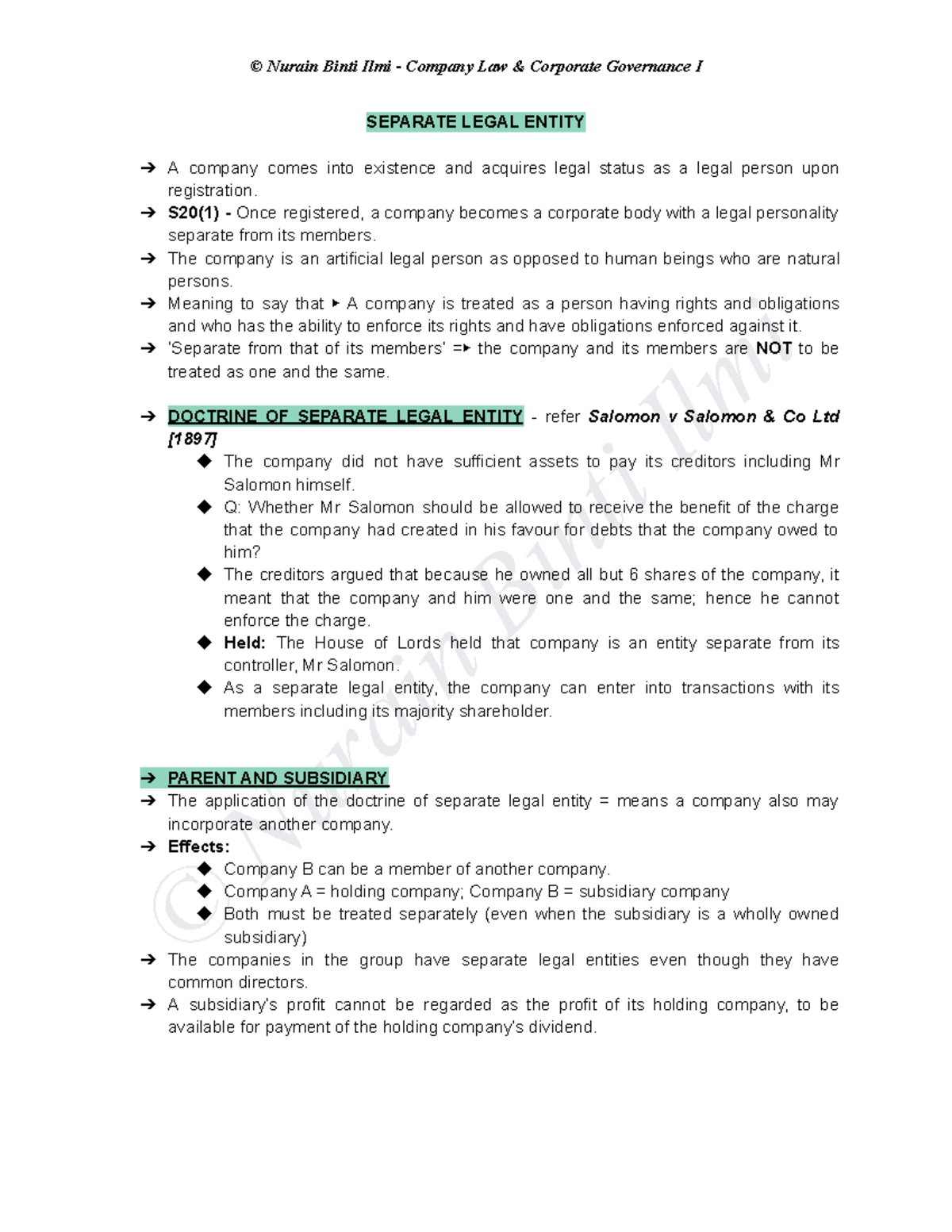 Separate Legal Entity - Law 101 Final Exam Study Notes - Studocu