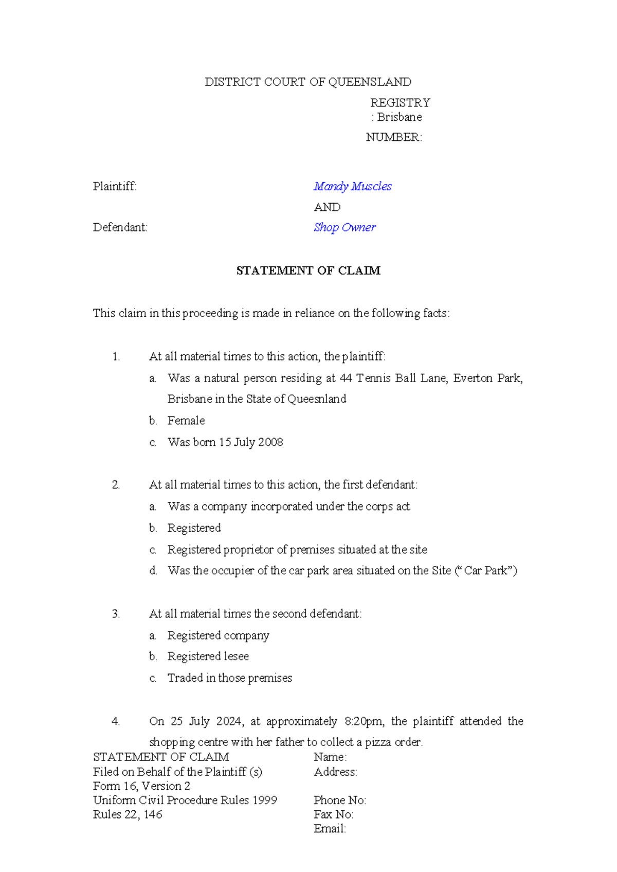 Statement of Claim - District Court of Queensland (Week 2 Tutorial ...