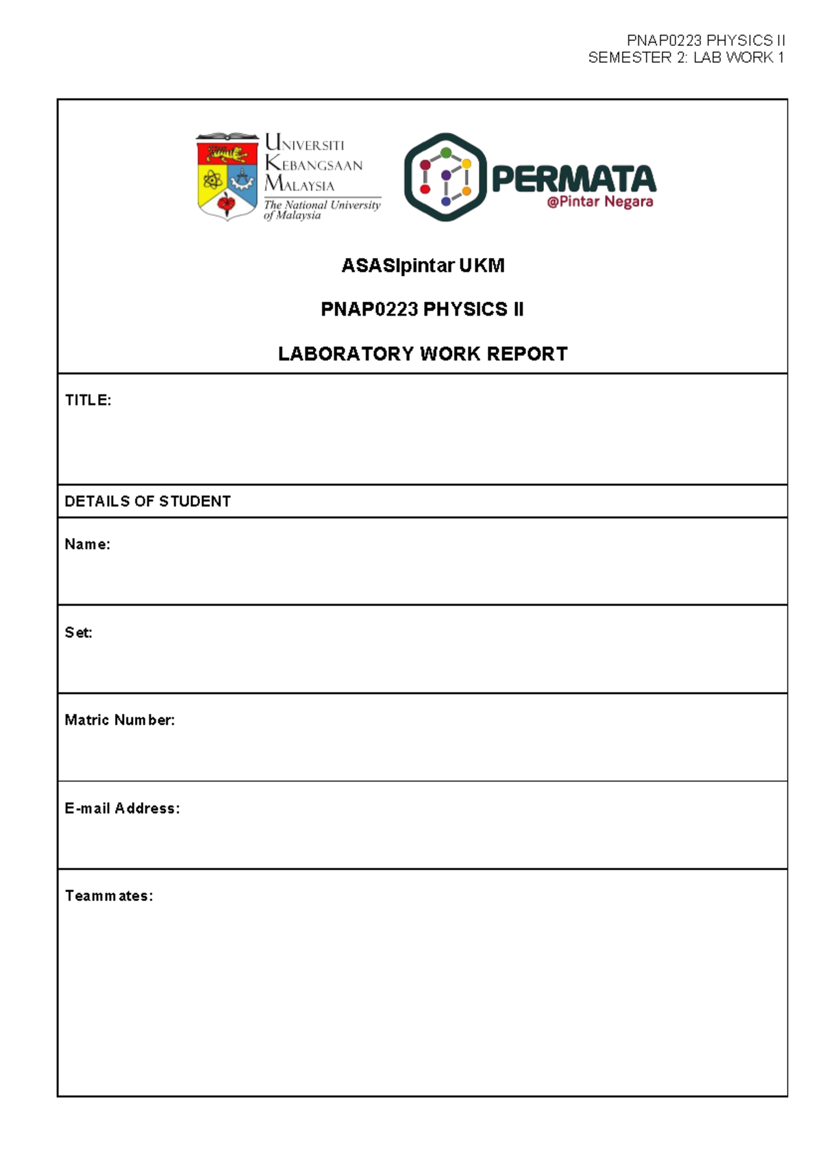 Coverpage PHY (LAB 1) - ................... - Physics - PNAP 022 3 ...