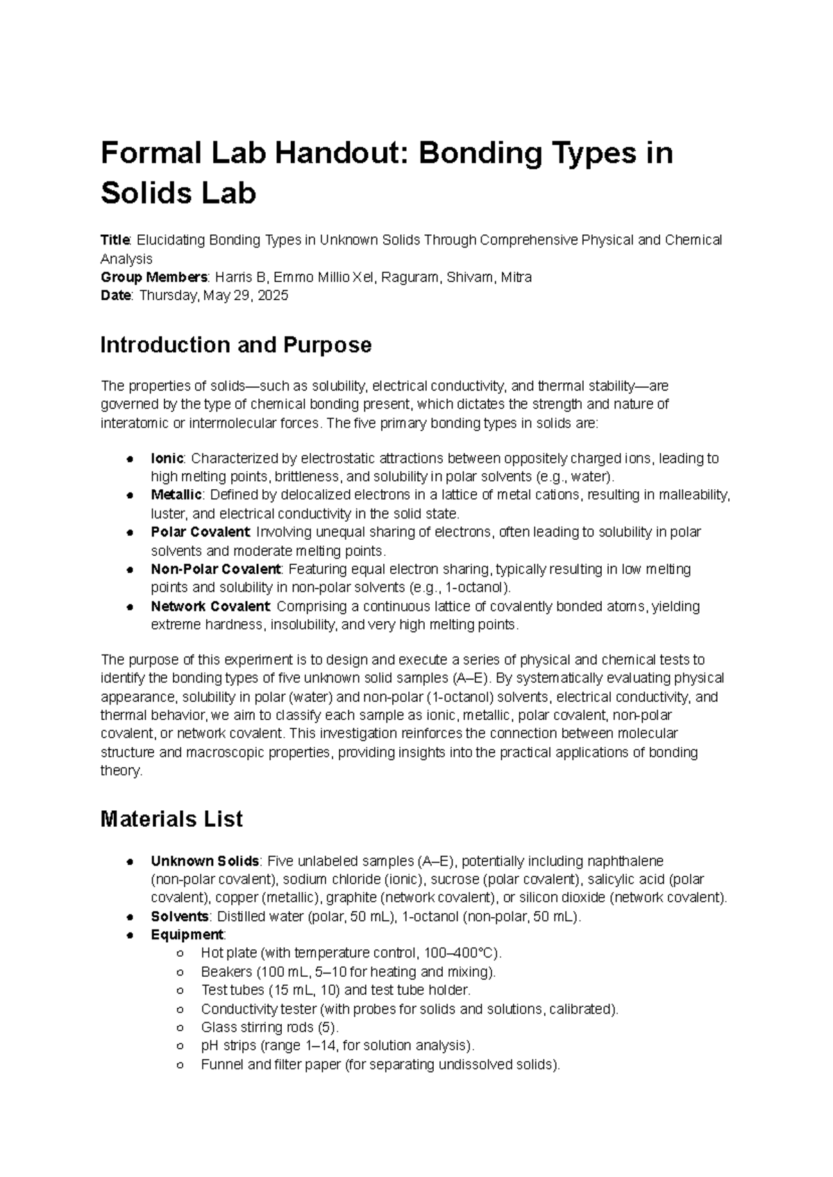 Formal Lab Handout: Bonding Types in Solids (CHEM 101) - Studocu