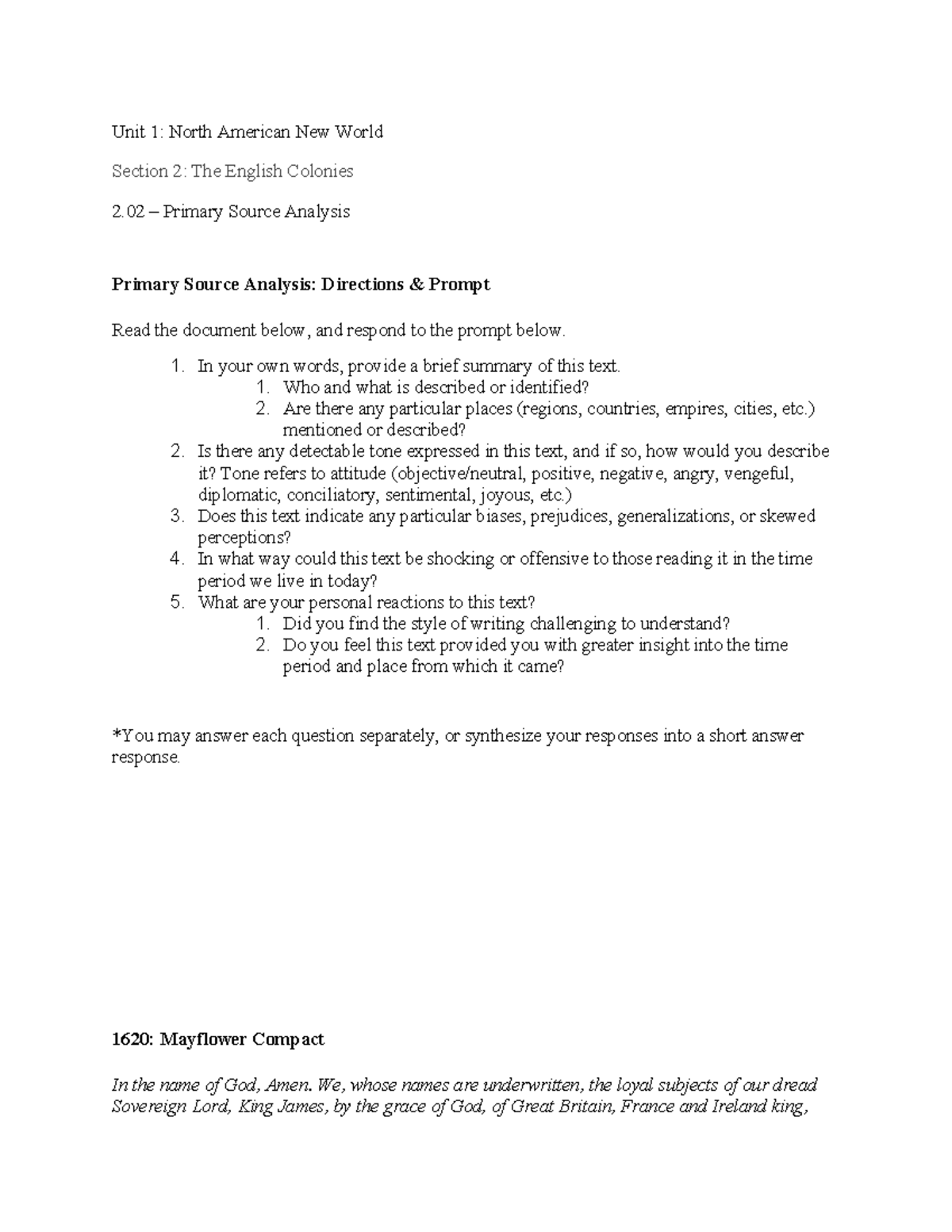 2.02 Primary Source Analysis: Overview of English Colonies in North ...