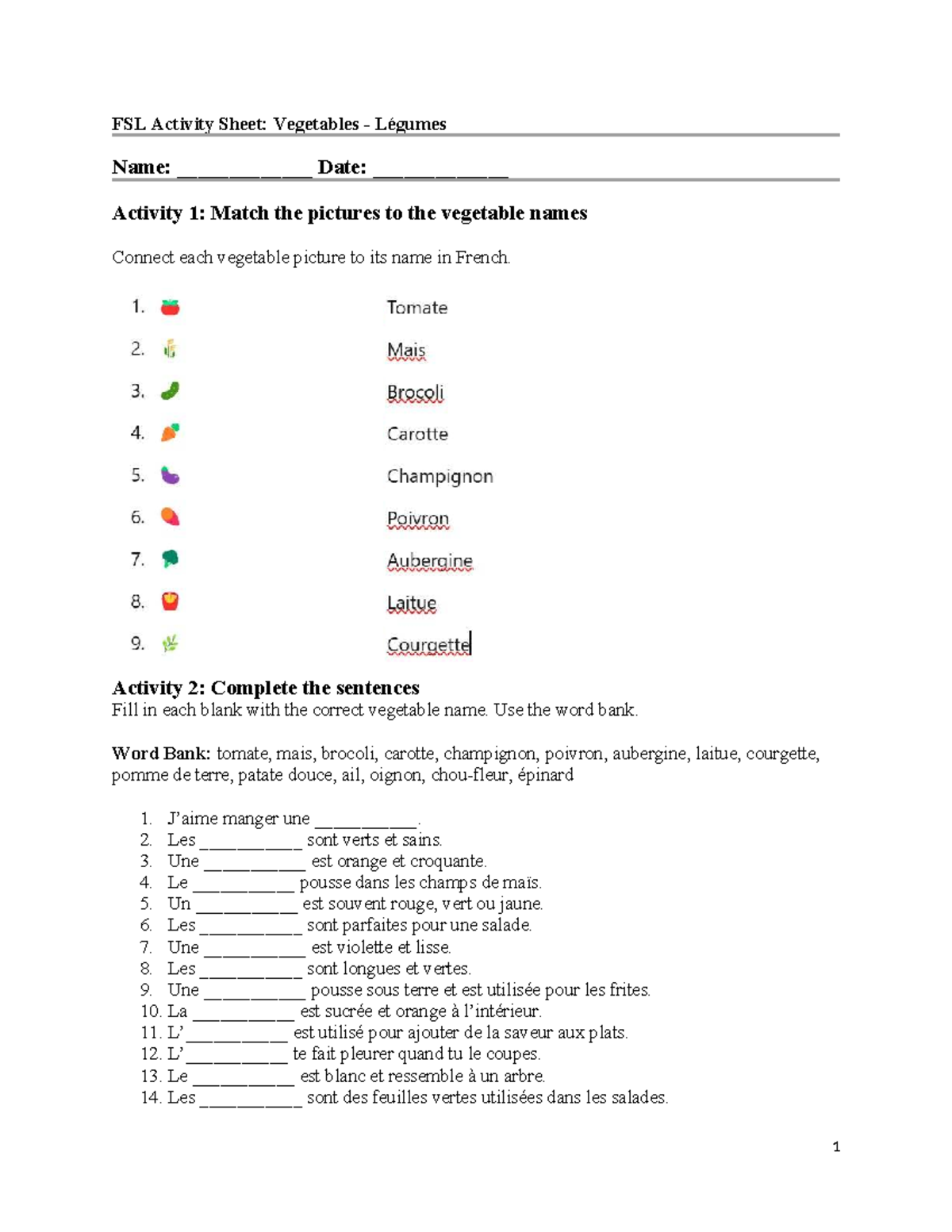 FSL Activity Sheet: Exploring Vegetables in French - Studocu