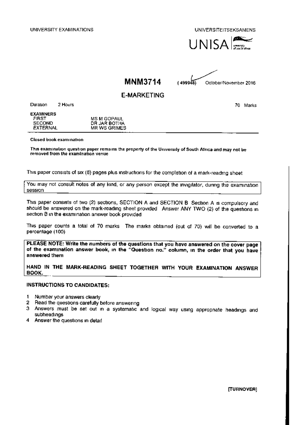 MNM3714 2016 10 E 1 Semester 2 examination paper - MNM3714 - Unisa ...