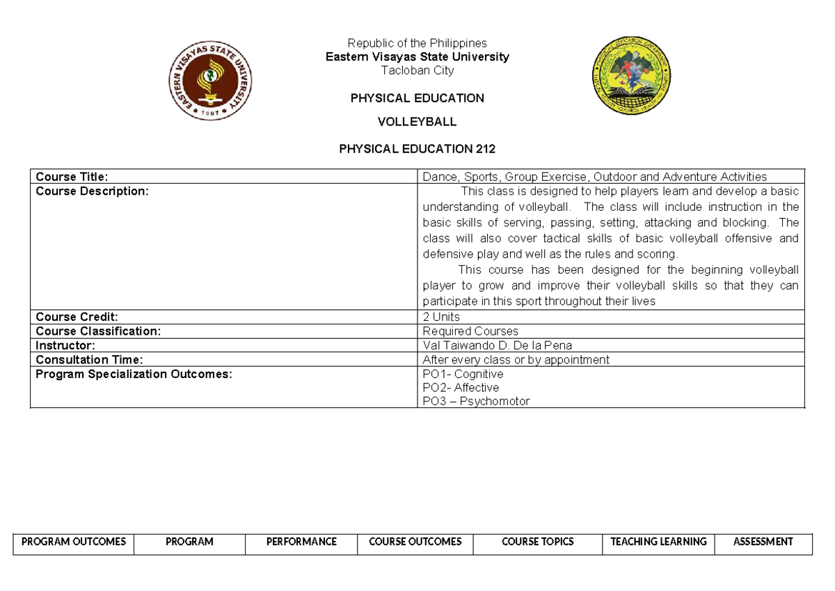 PE 212 Volleyball Syllabus: Course Overview and Requirements - Studocu