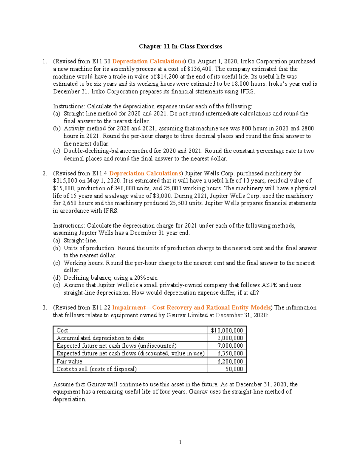 Chapter 11 In-Class Exercises: Depreciation Calculations and Methods ...