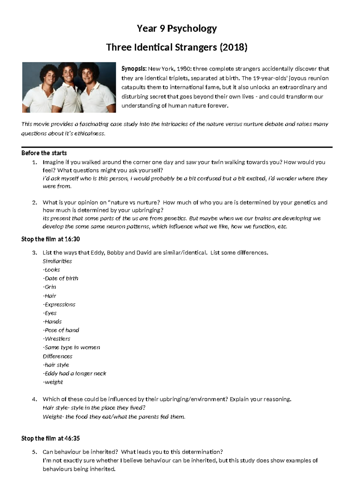 Year 9 Psychology: Worksheet on "Three Identical Strangers" Documentary ...