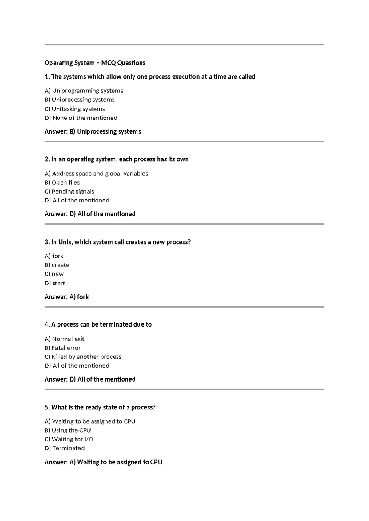 Operating System - MCQ Questions (OS 101) - Studocu
