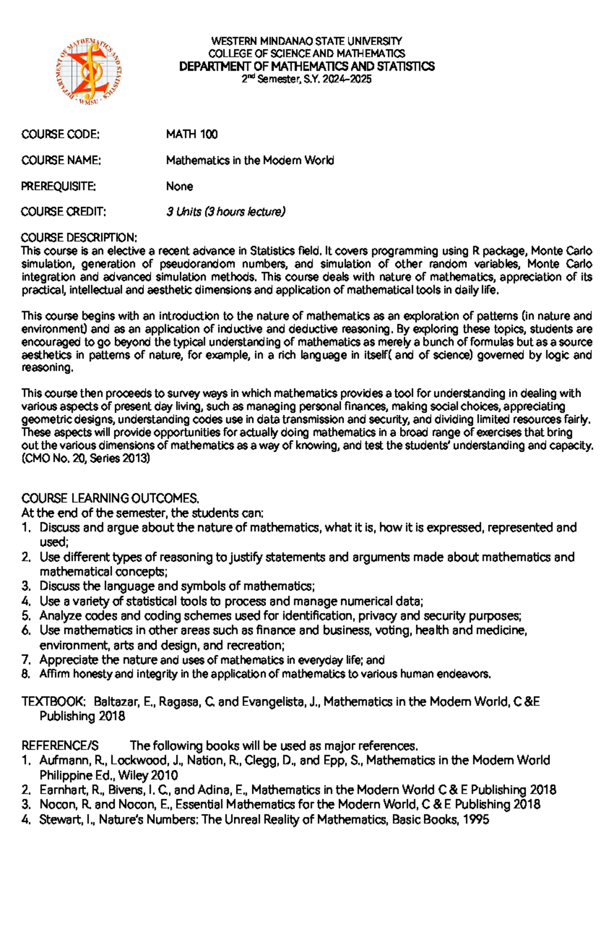 MMW MATH 100 Course Outline: Mathematics in the Modern World - Studocu