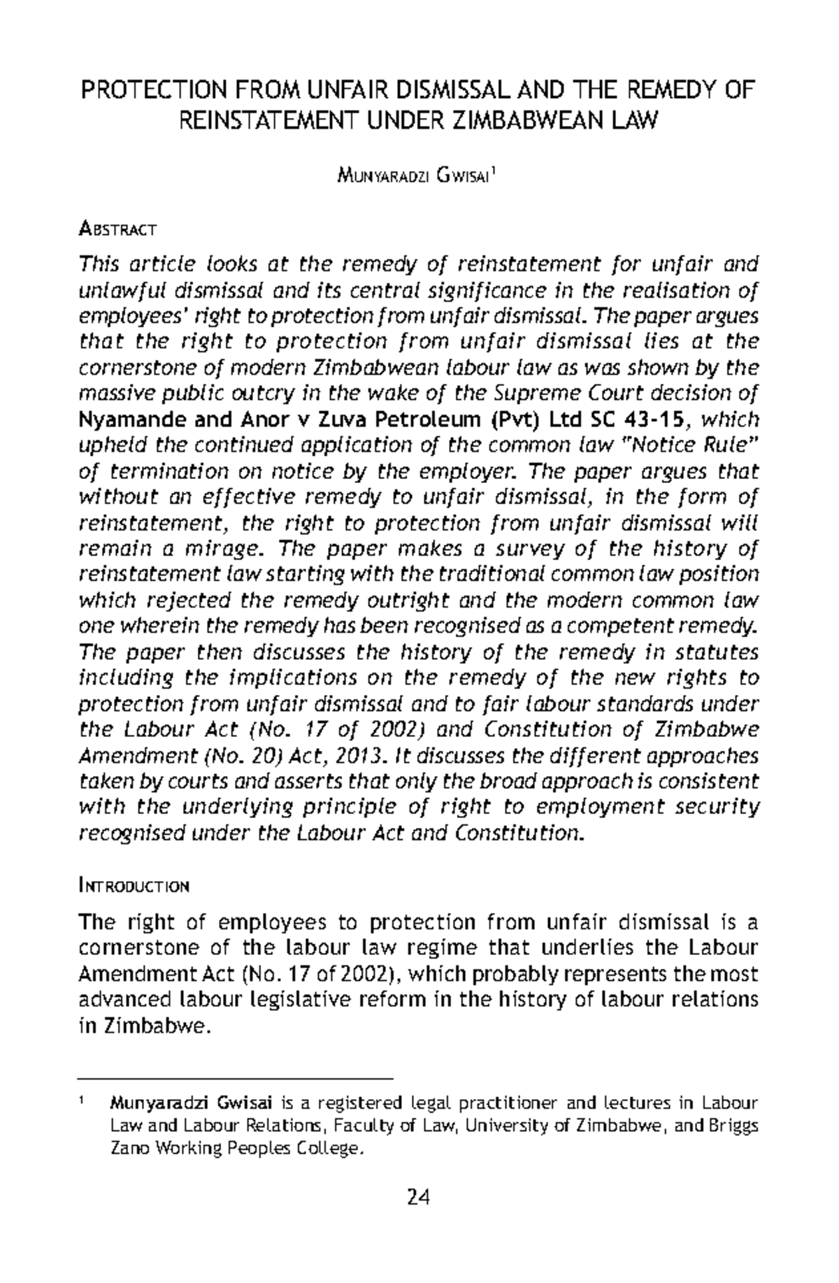 UZJL 2(1) - Gwisai on Unfair Dismissal & Reinstatement Relief - Studocu