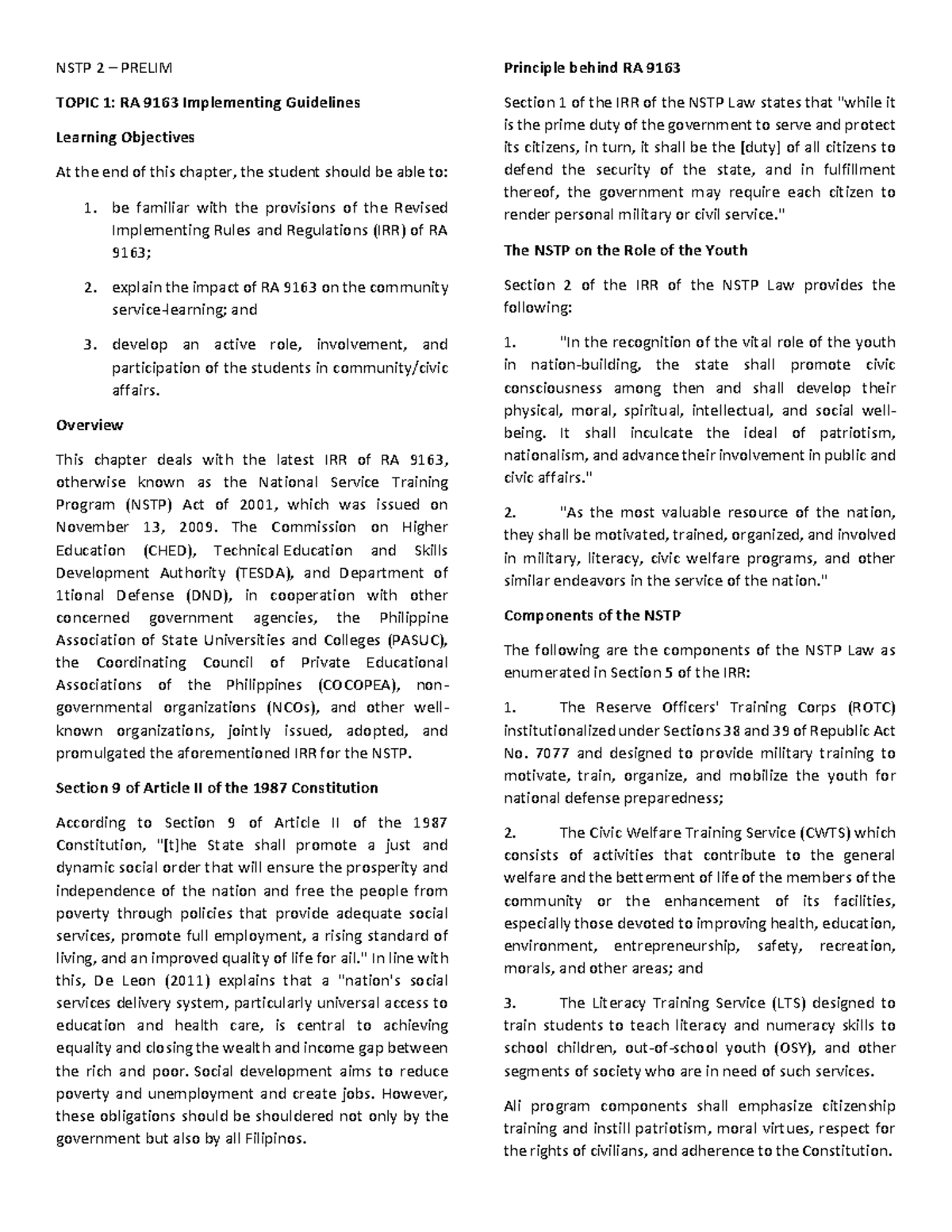 NSTP 2 - Preliminary Notes on RA 9163 and Service-Learning Concepts ...