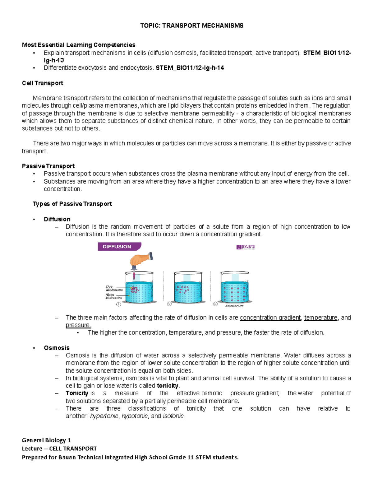 Lecture Notes on CELL TRANSPORT - STEM_BIO11/12 - Studocu