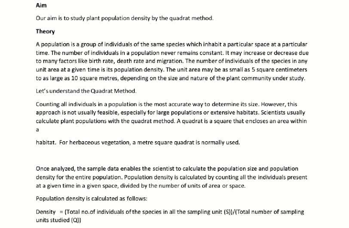 Biology Project 3: Studying Plant Population Density via Quadrat Method ...